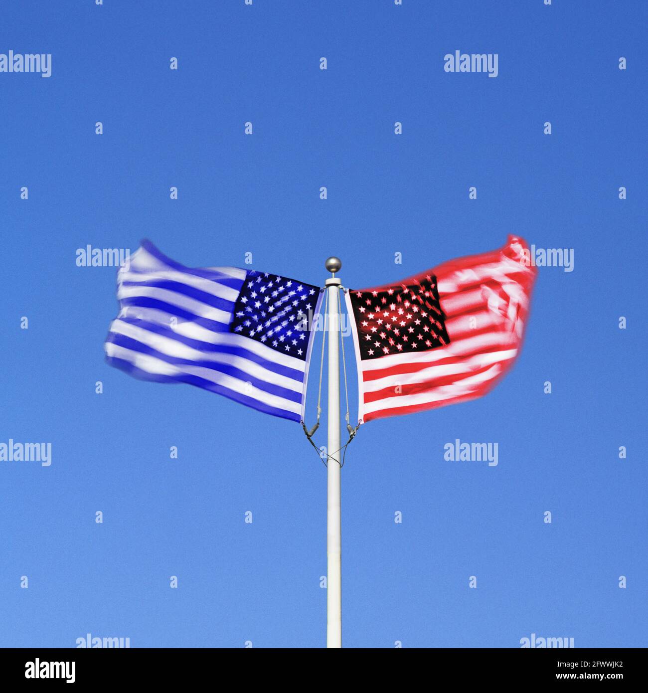 Blue and Red American flags wave side-by-side in opposing winds on a ...