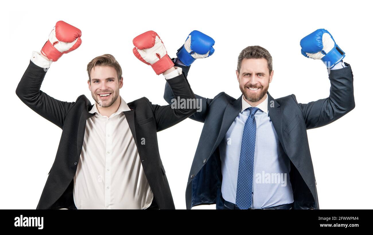 happy men celebrate victory of corporate battle. partnership and ...