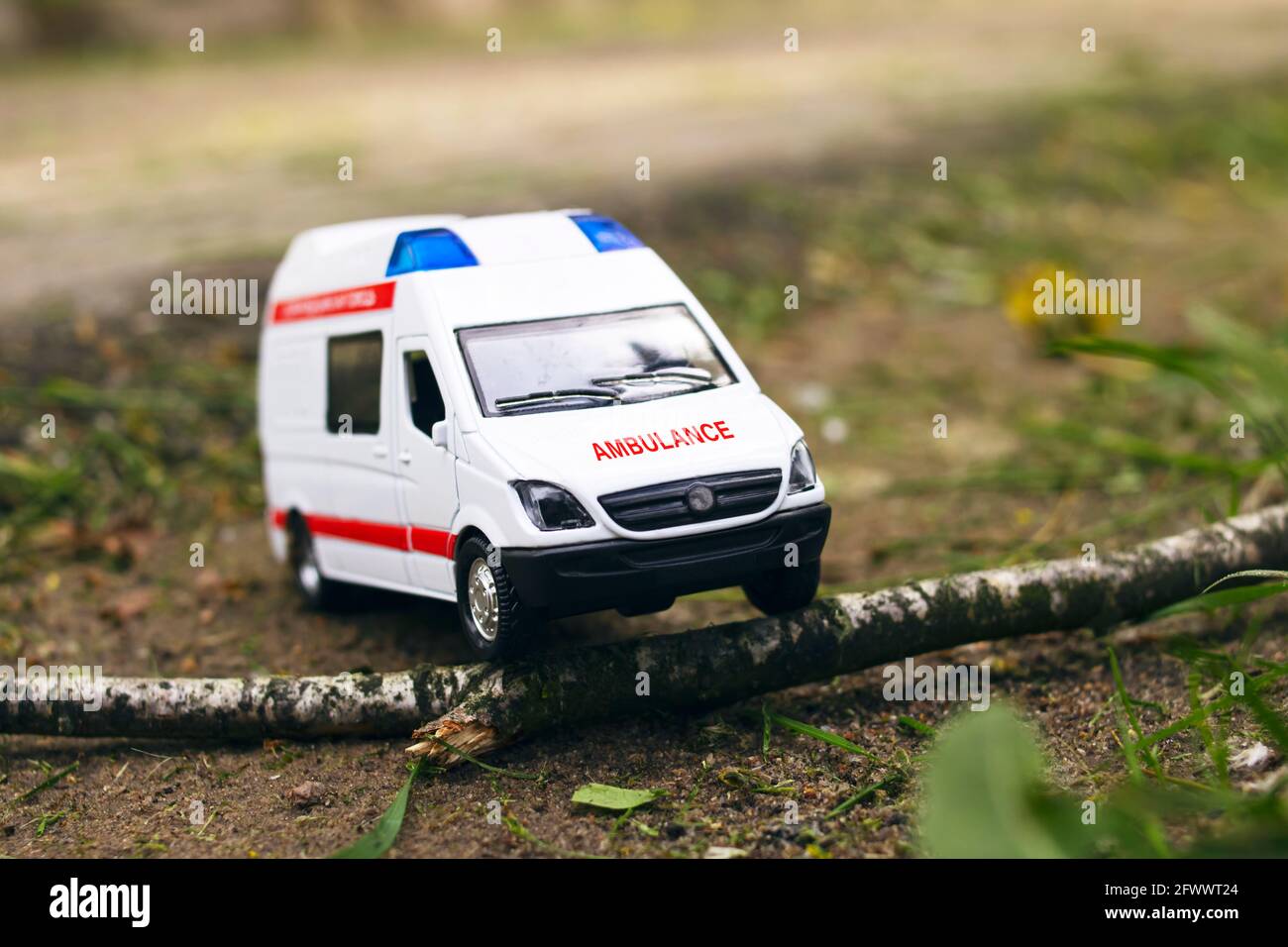 Ambulance stuck in front of a fallen tree close up Stock Photo - Alamy
