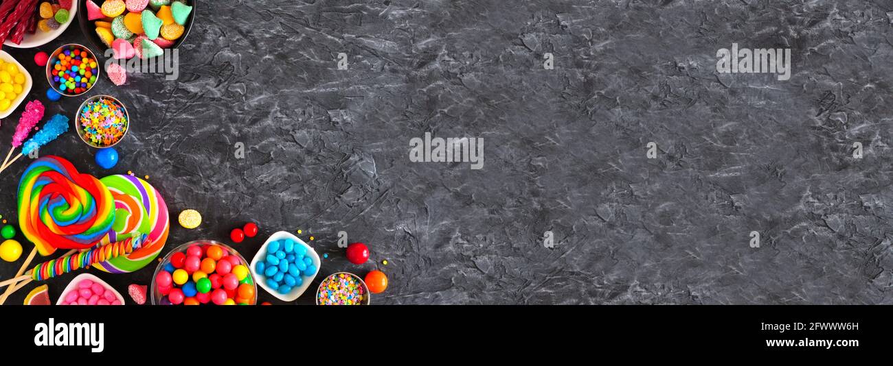 Colorful sweet candy buffet corner border. Overhead view table scene ...