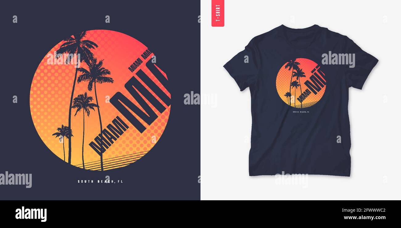 Miami Florida graphic t-shirt design with palm tress, summer retro ...