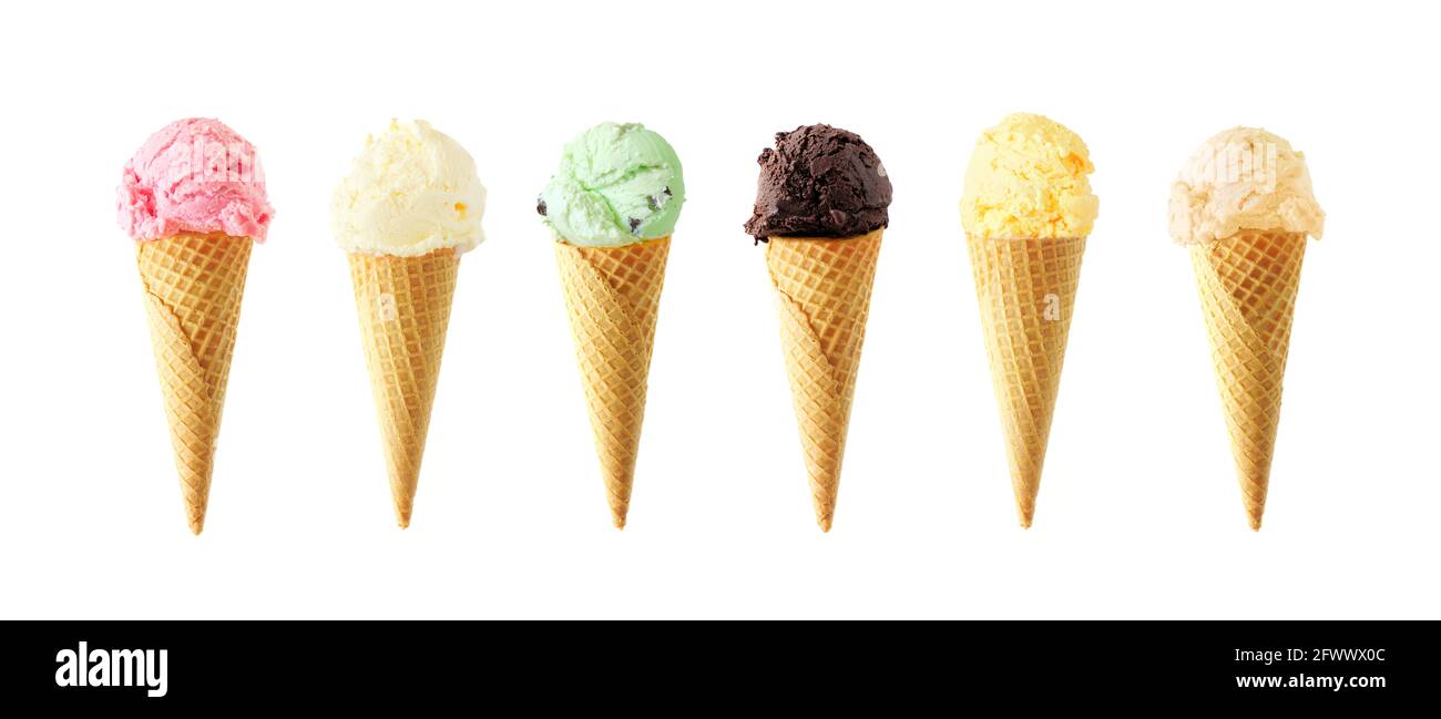 Large assortment of ice cream cones. Various flavors isolated on a ...