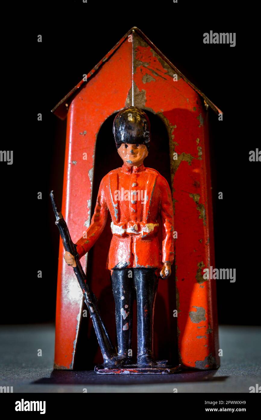 Metal lead toy soldier guardsman with a metal sentry box in play worn ...