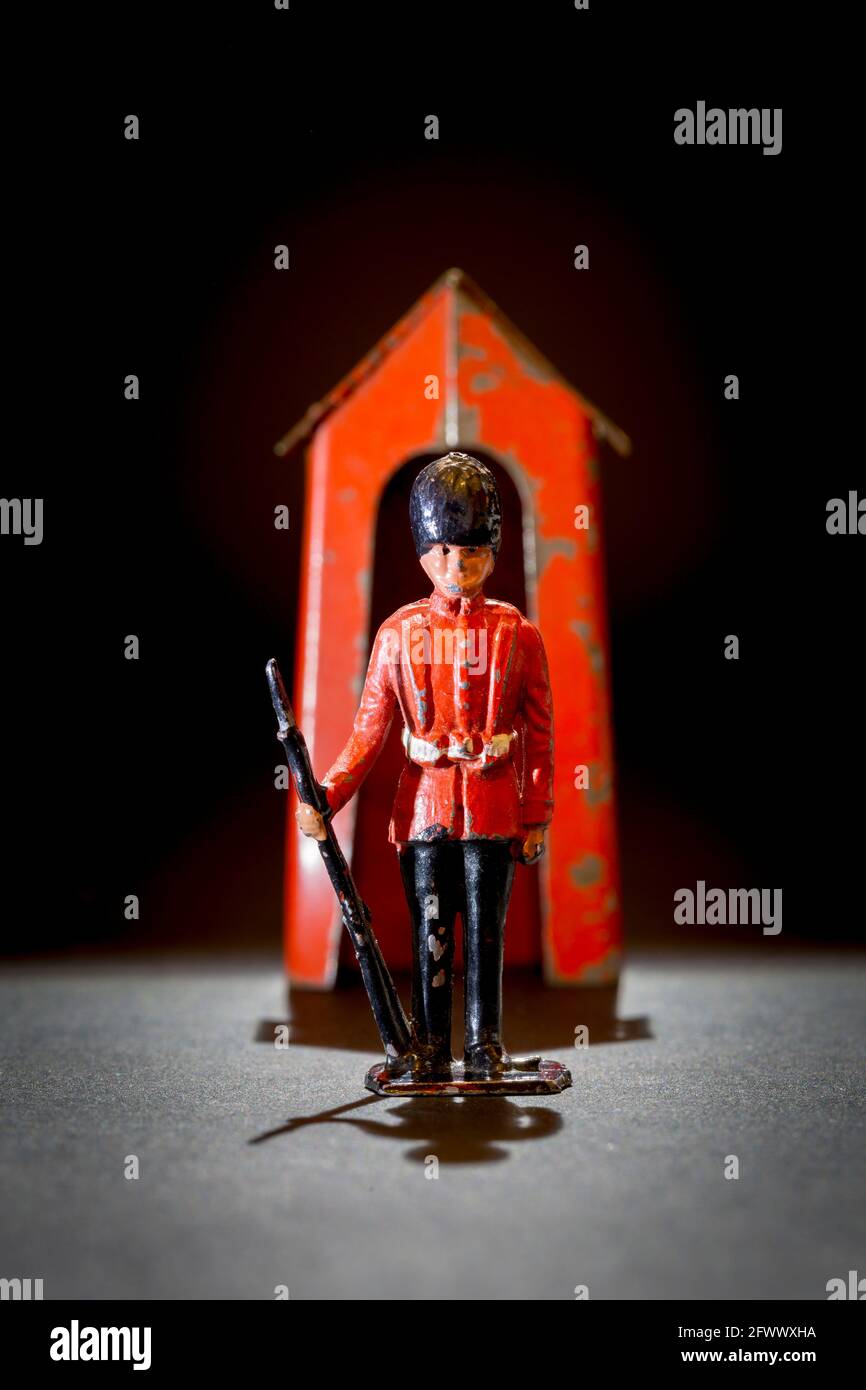 Metal lead toy soldier guardsman with a metal sentry box in play worn ...