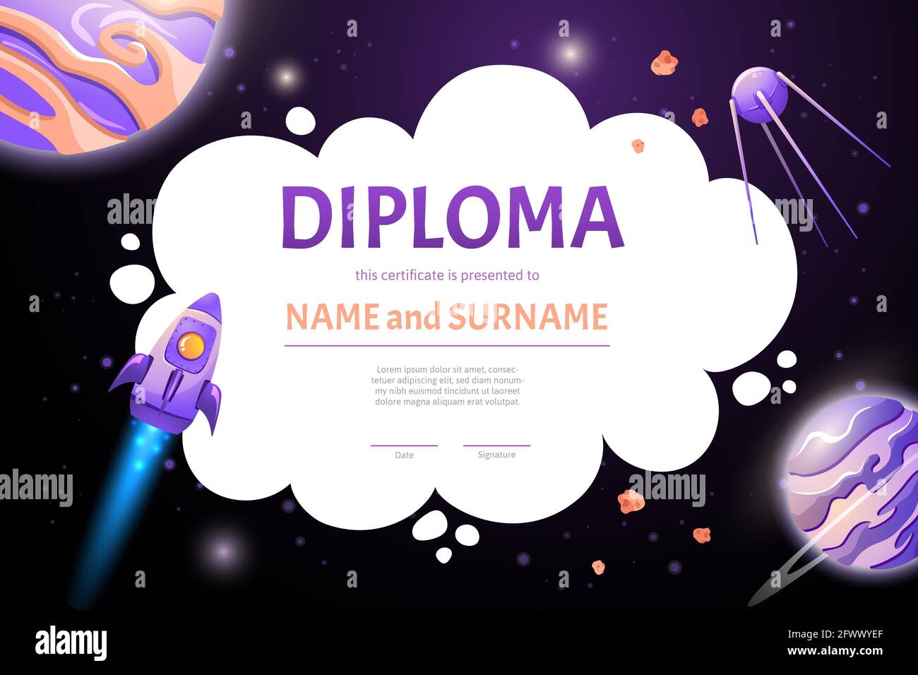 Space diploma certificate with rockets and planets for school and preschool kids and children in ...