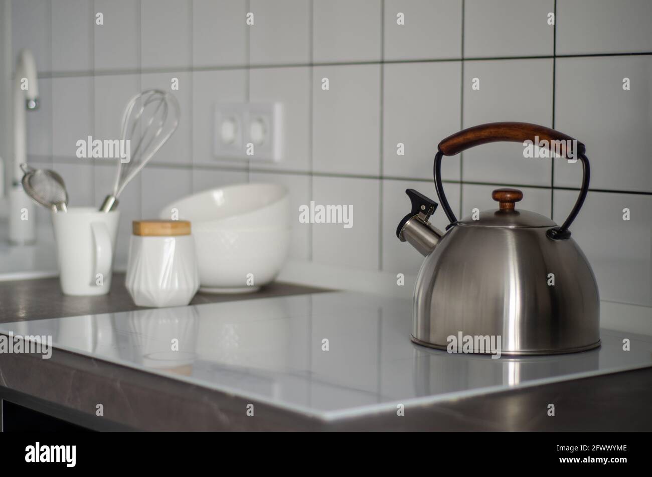 Modern stylish scandinavian kitchen interior with kettle Stock Photo ...