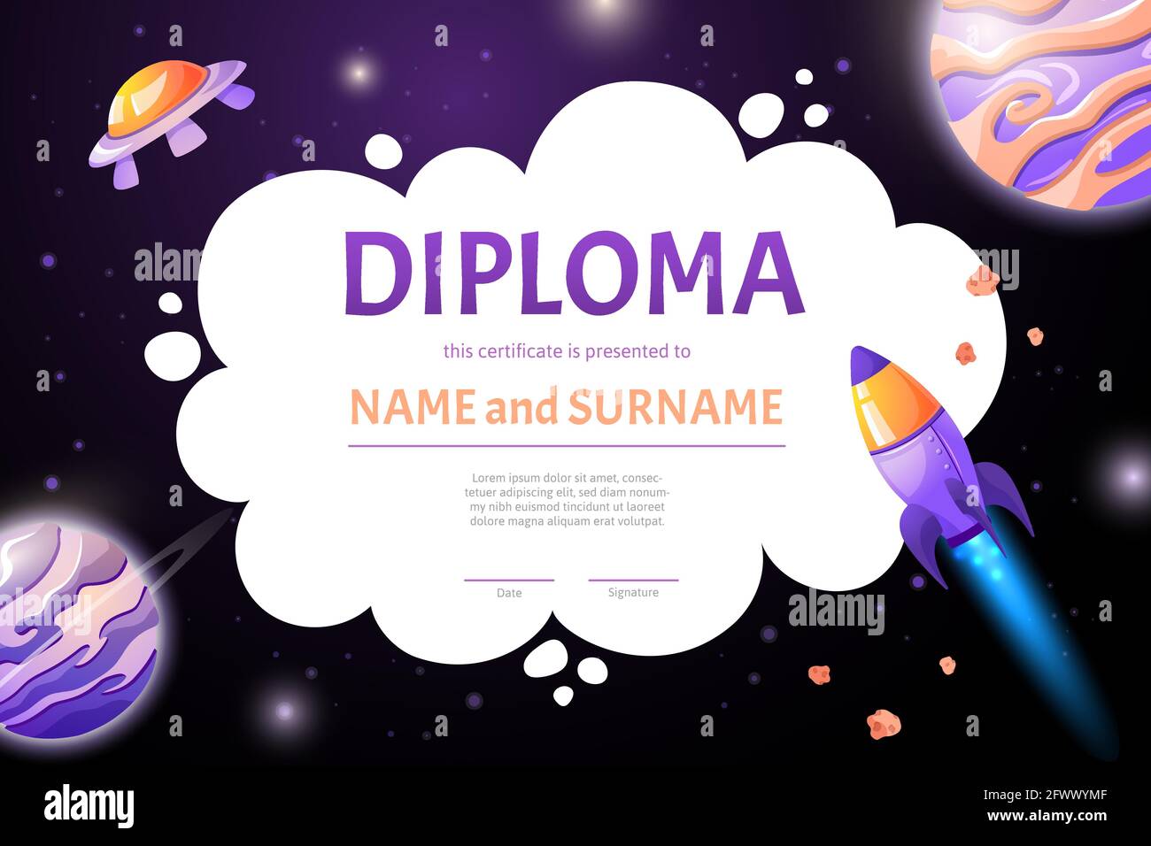 Space diploma certificate with rockets and planets for school and ...