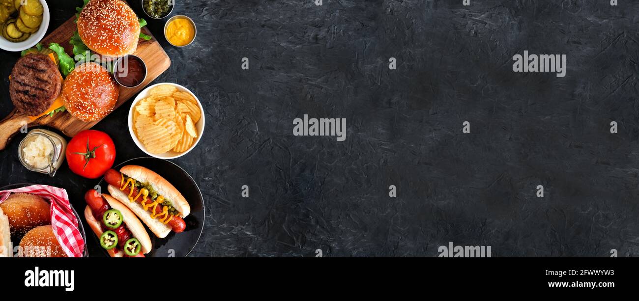 Summer BBQ food side border with hot dog and hamburger buffet. Top down ...