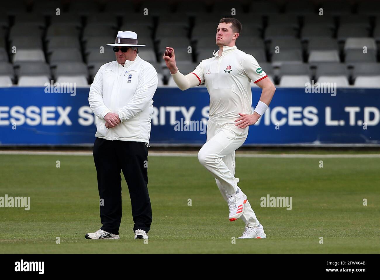 Jack Blatherwick in bowling action for Lancashire during Essex CCC vs ...