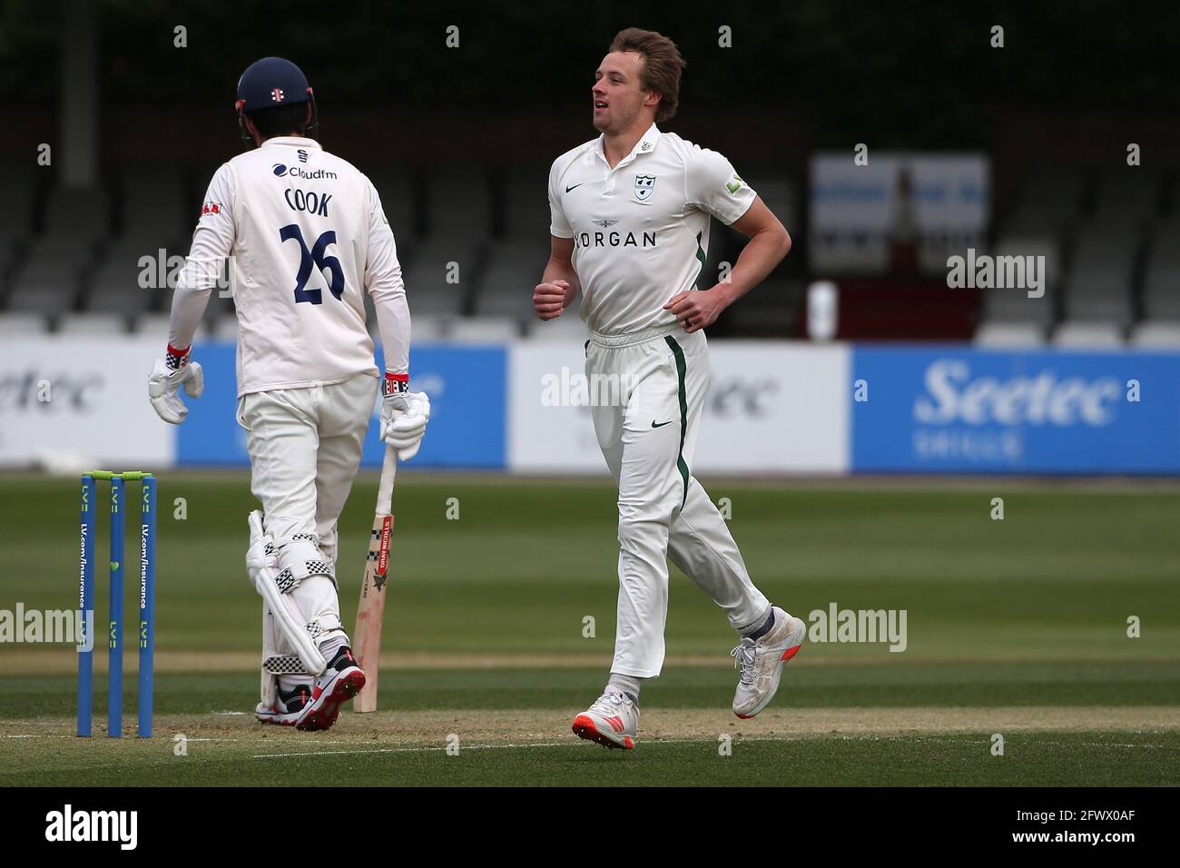 Charlie Morris of Worcestershire claims the wicket of Sir Alastair Cook ...