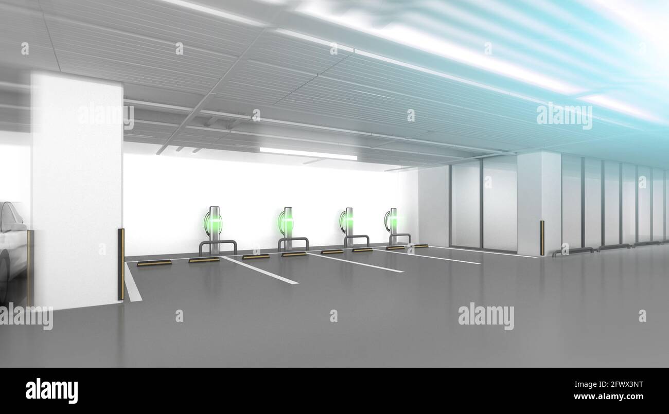 parking lot 3d render background. ev charger car parking area. car park ...