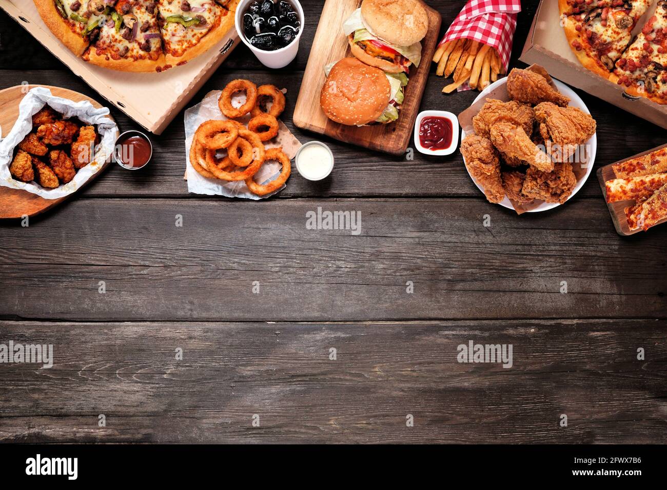 Variety of take out and fast foods. Pizza, hamburgers, fried chicken ...