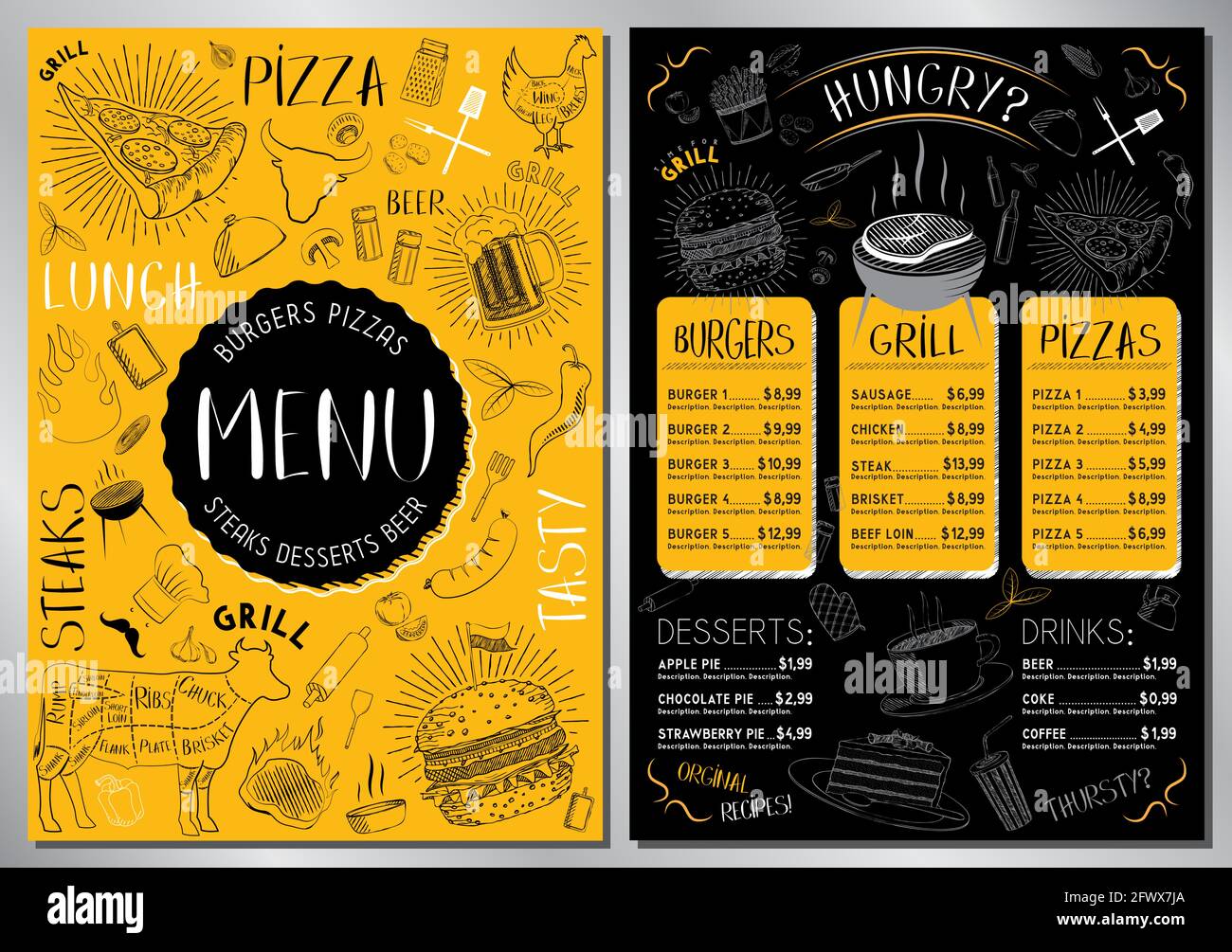 BBQ and grill bar menu template - A4 card (burgers, pizzas, steaks ...