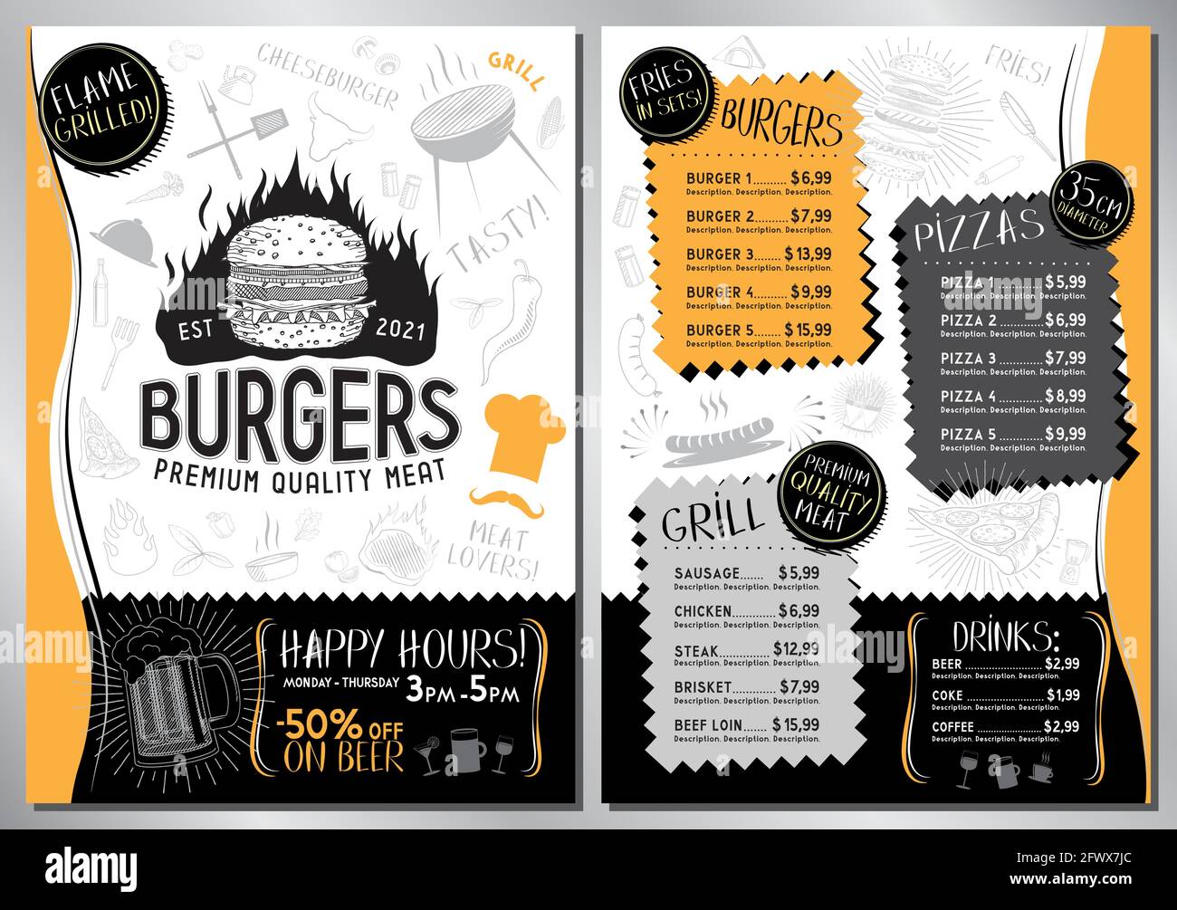Burger bar menu template - A4 card (burgers, pizzas, grilled sausages ...