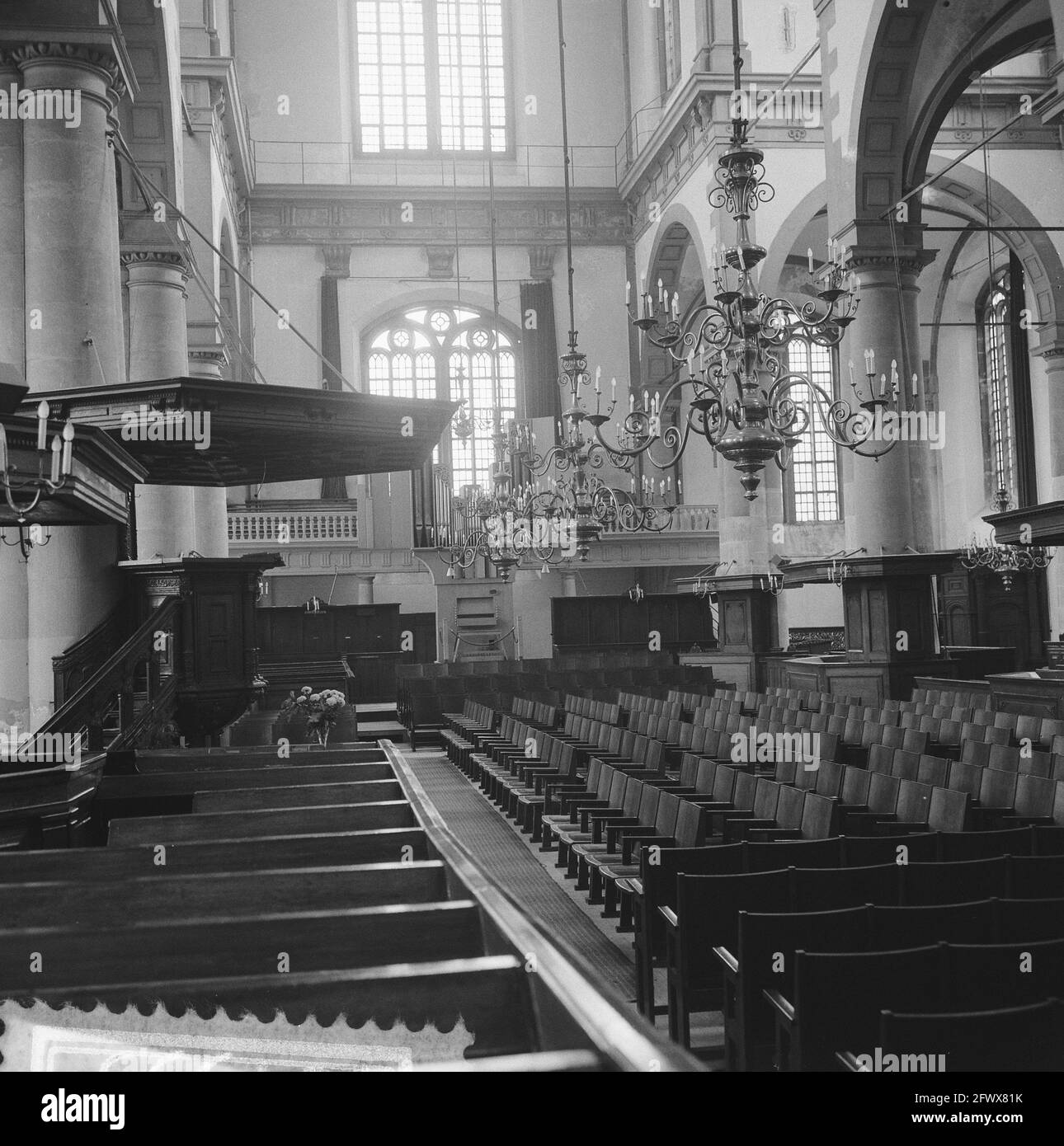 Amsterdam. Interior of the Westerkerk with pulpit with the small organ ...