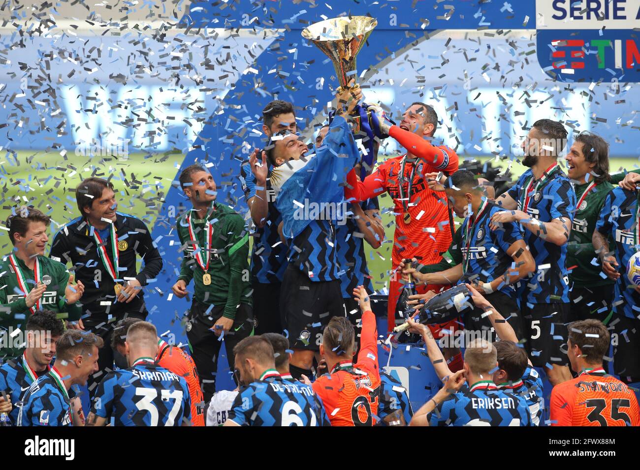 Milan, Italy, 23rd May 2021. Samir Handanovic of Internazionale lifts ...
