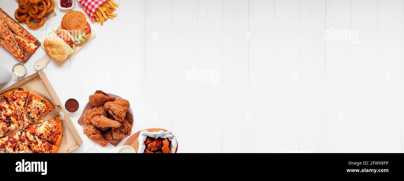 Selection of take out and fast foods. Corner border banner. Pizza ...