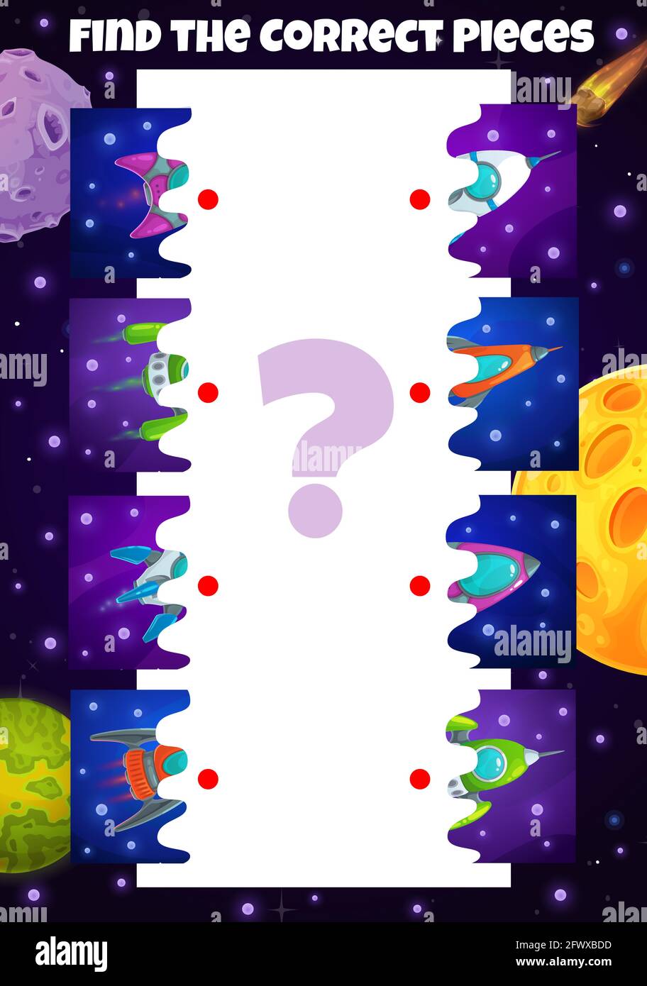 Correct pieces game with spaceships. Match the halves kids test with ...
