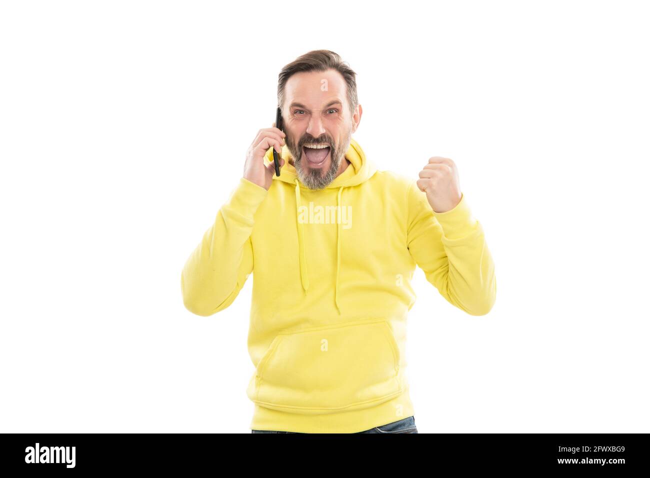 express positive emotions. phone talk. mature happy man answer the ...