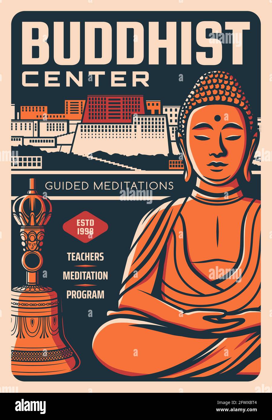 Buddhism religion Buddha, Potala palace and bell vector design. Retro ...
