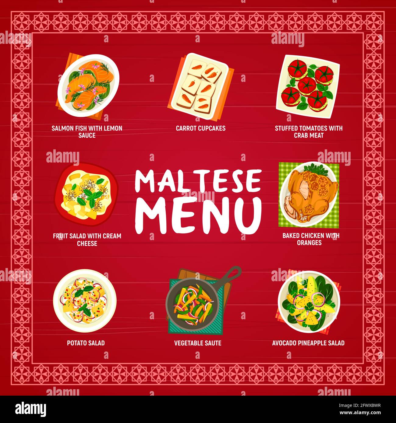 Maltese cuisine vector carrot cupcakes, salmon fish with lemon sauce ...