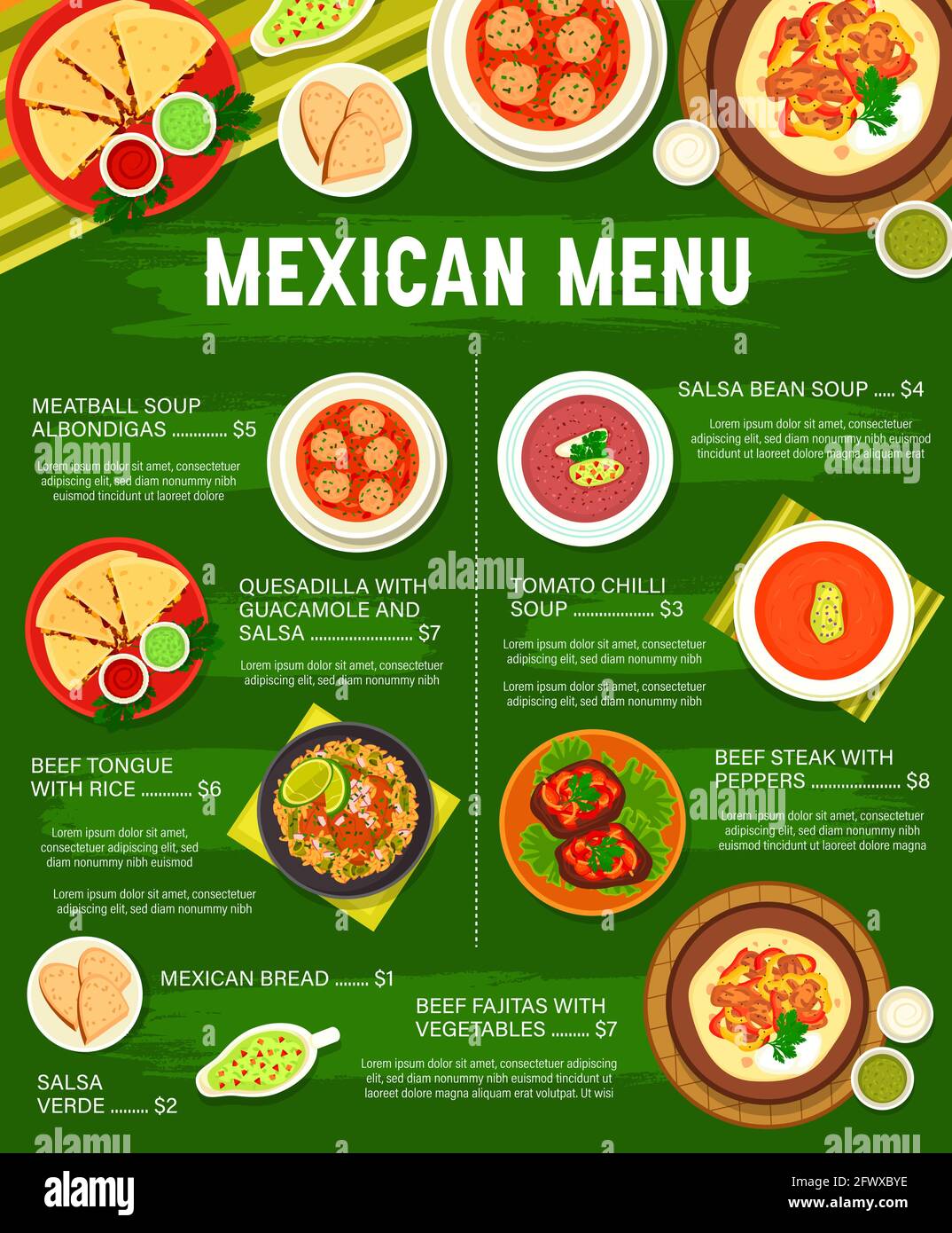 Mexican cuisine food dishes menu template. Albondigas meatball, salsa ...