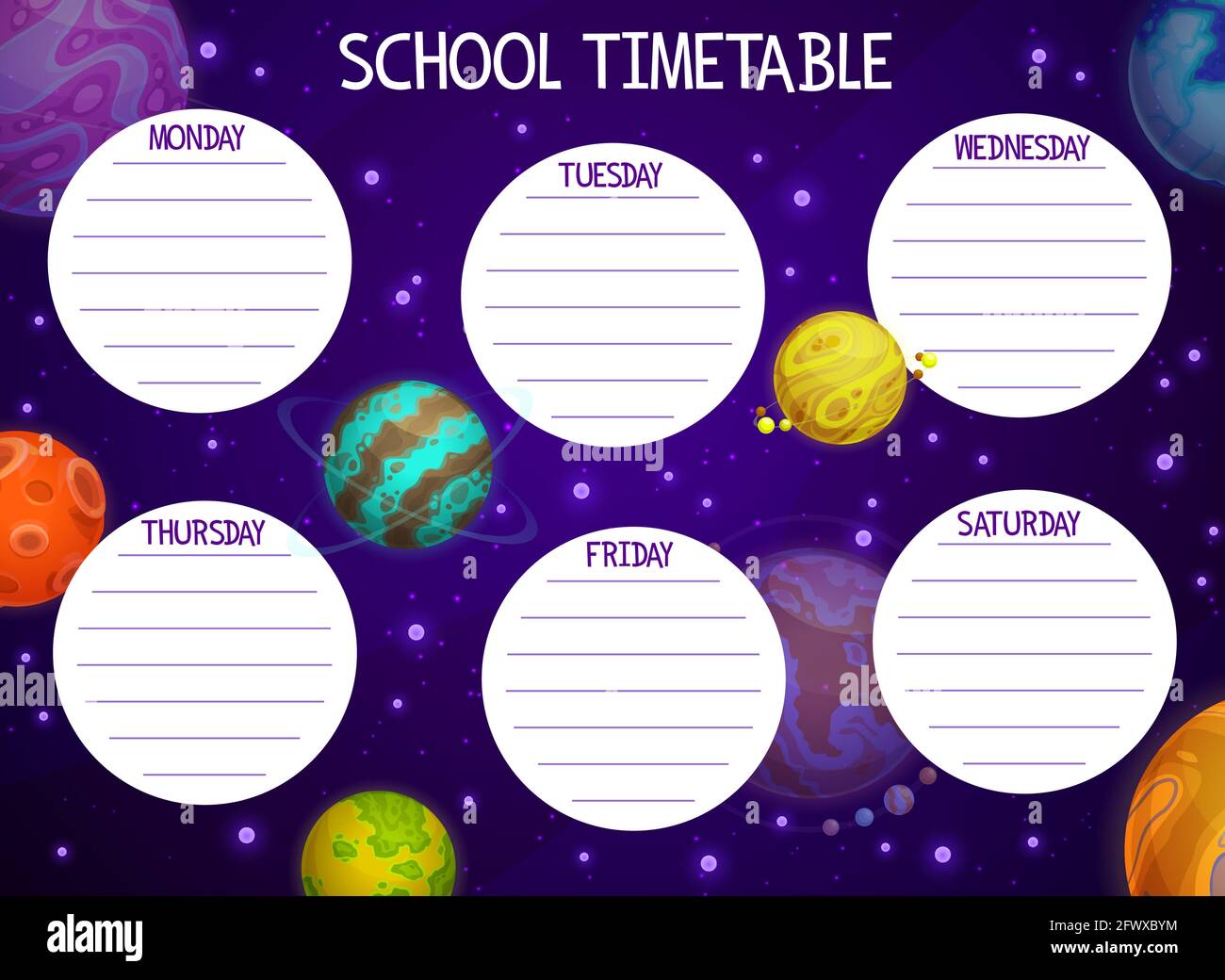 Cartoon space school timetable with planets. Vector schedule template ...