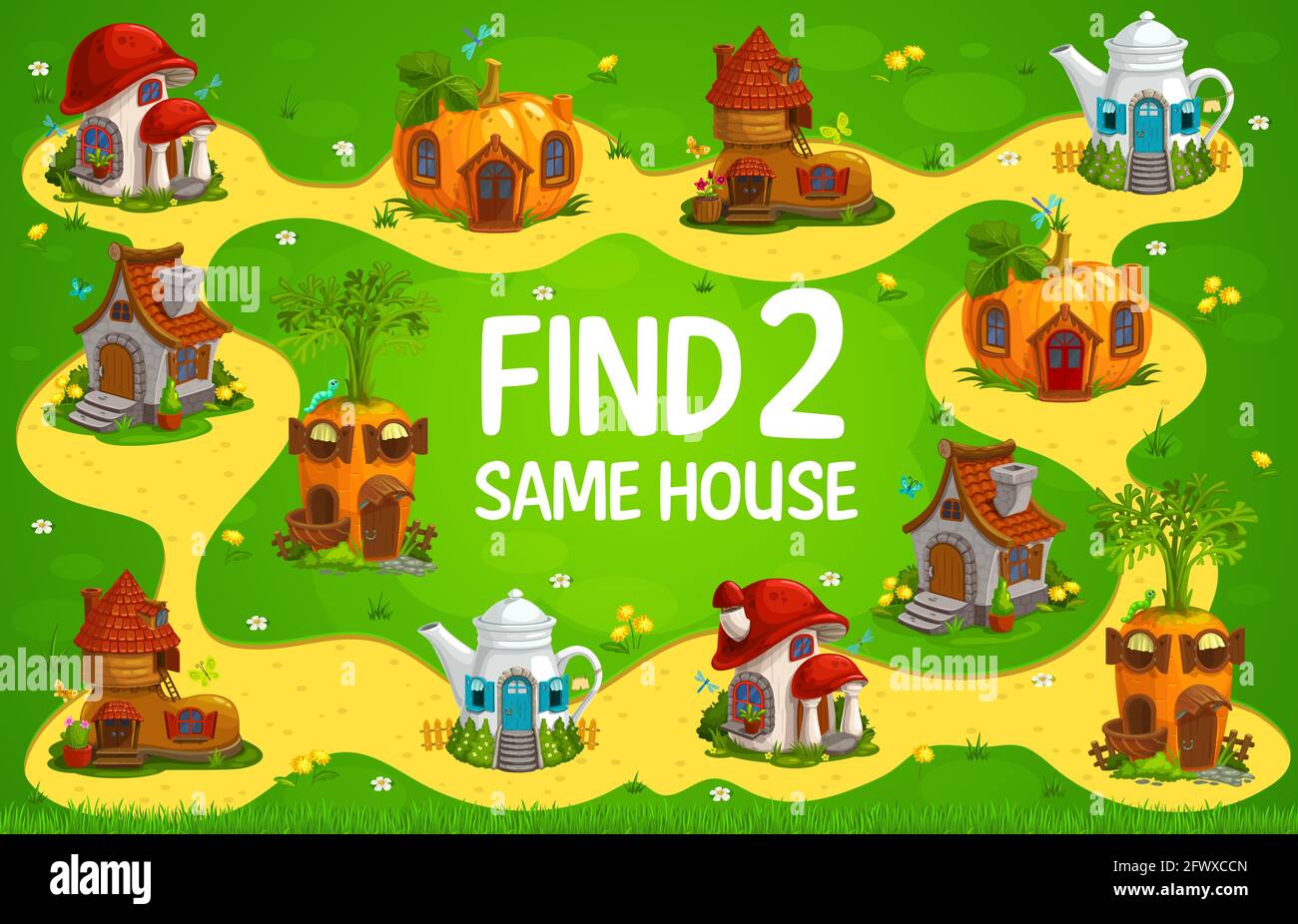 Find two same fairy houses kids game. Vector riddle with cute dwellings ...