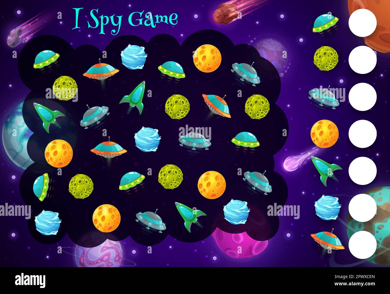 I spy kids game with cartoon space ships, planets and ufo. Vector ...