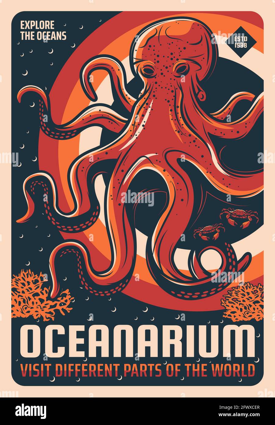 Oceanarium aquarium giant pacific octopus retro poster. Sketch vector ...