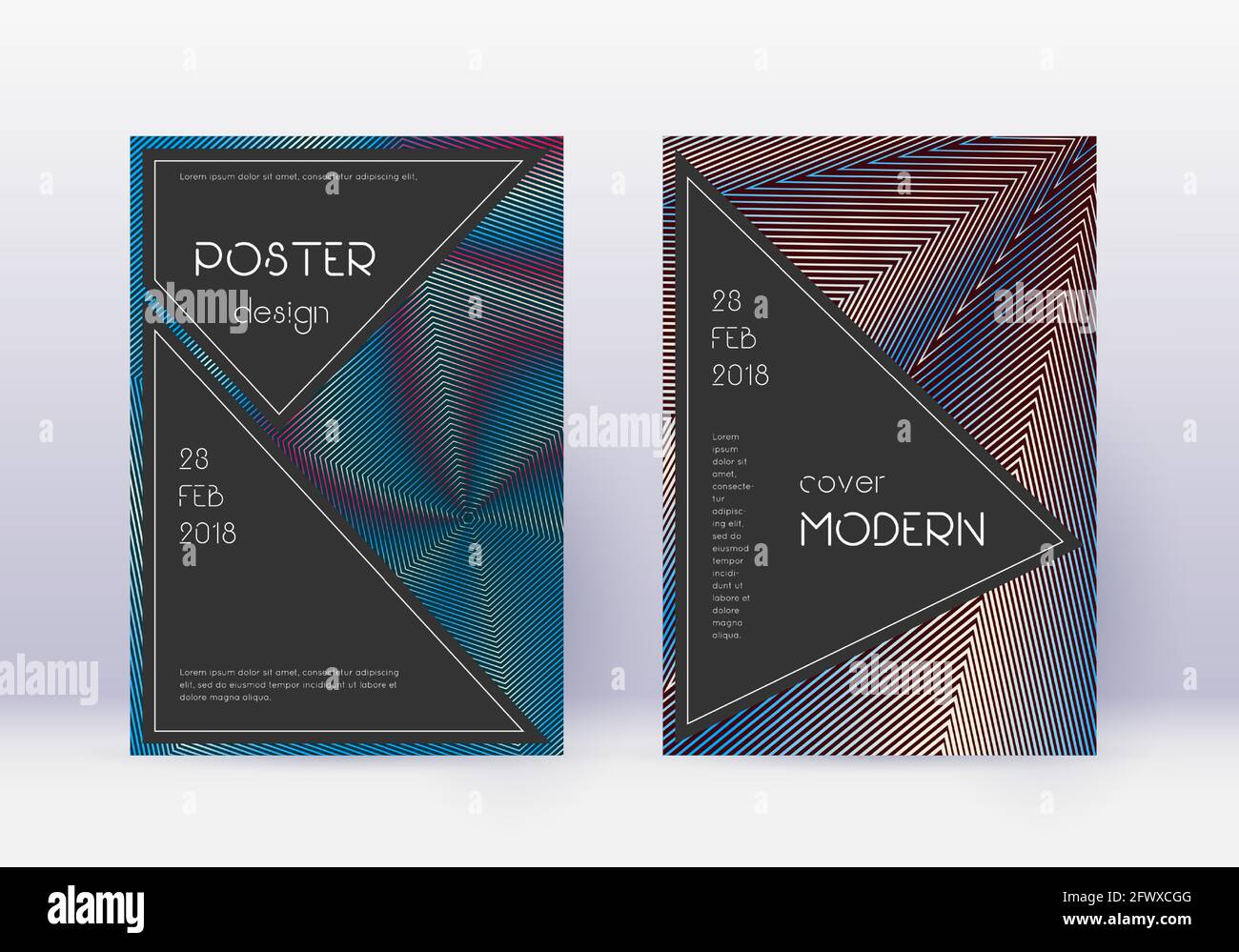 Black cover design template set. Red abstract lines on white blue ...