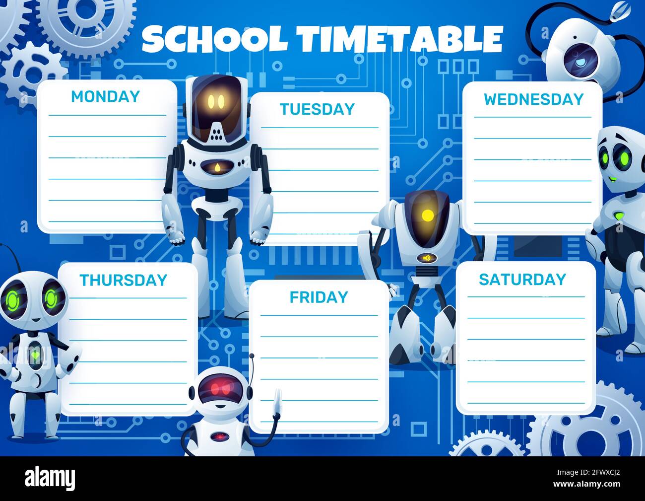 Education timetable schedule. Funny robots and gears, futuristic ...
