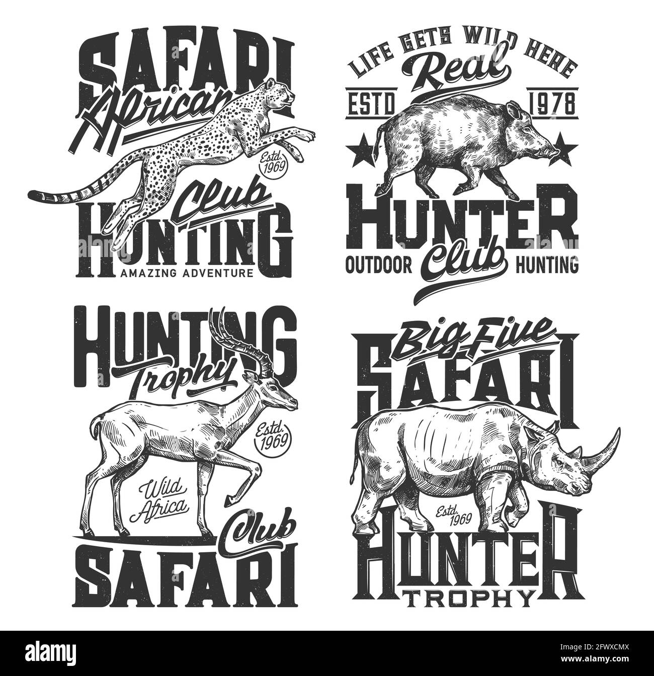 Safari hunting t shirt prints, hunt club animals and hunter trophy ...