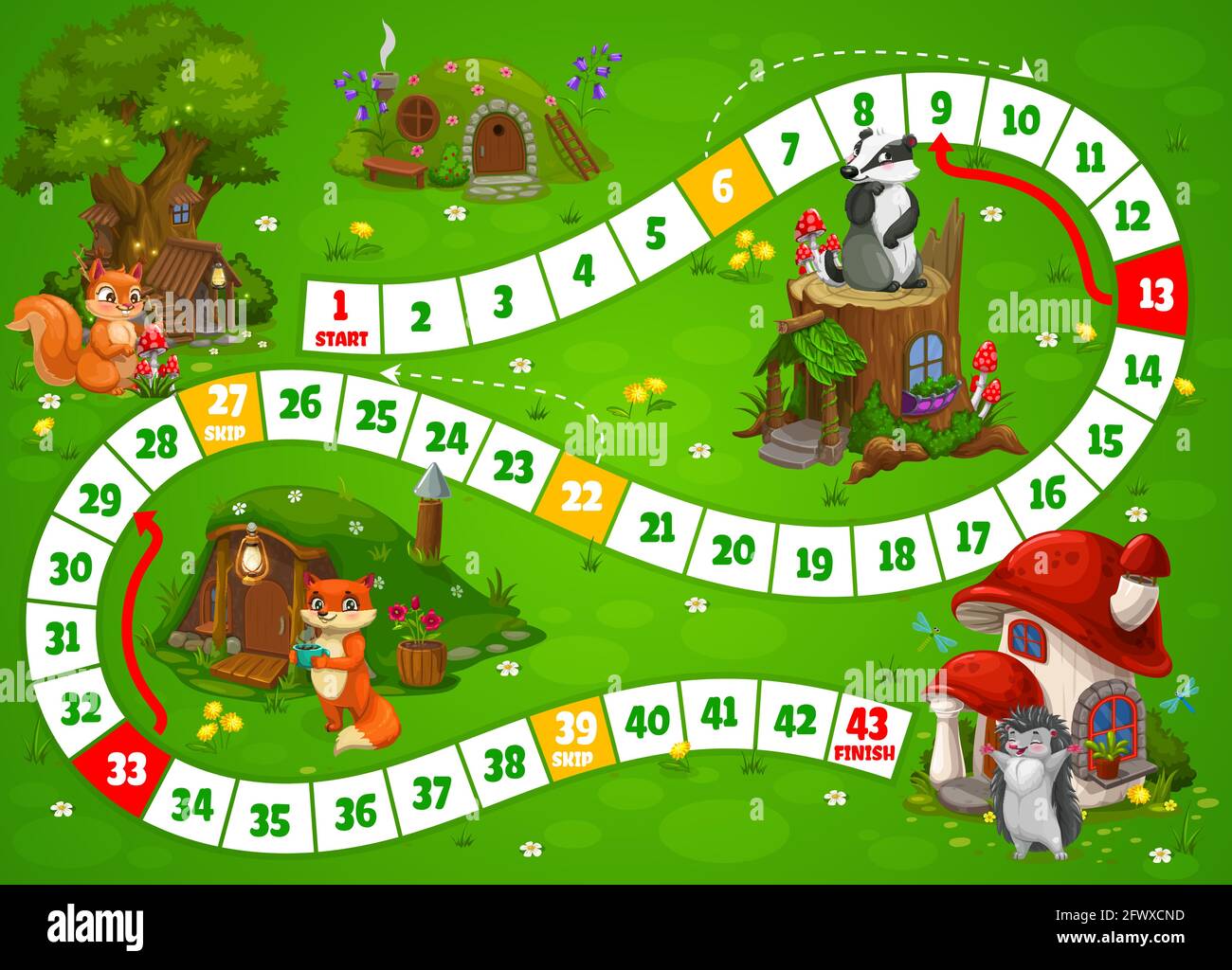 Fairy houses and dwellings boardgame. Vector kids step game, riddle ...