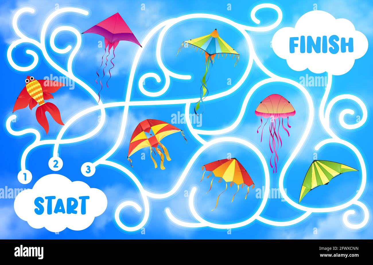 Kids labyrinth maze game with vector background of kites flying in blue ...