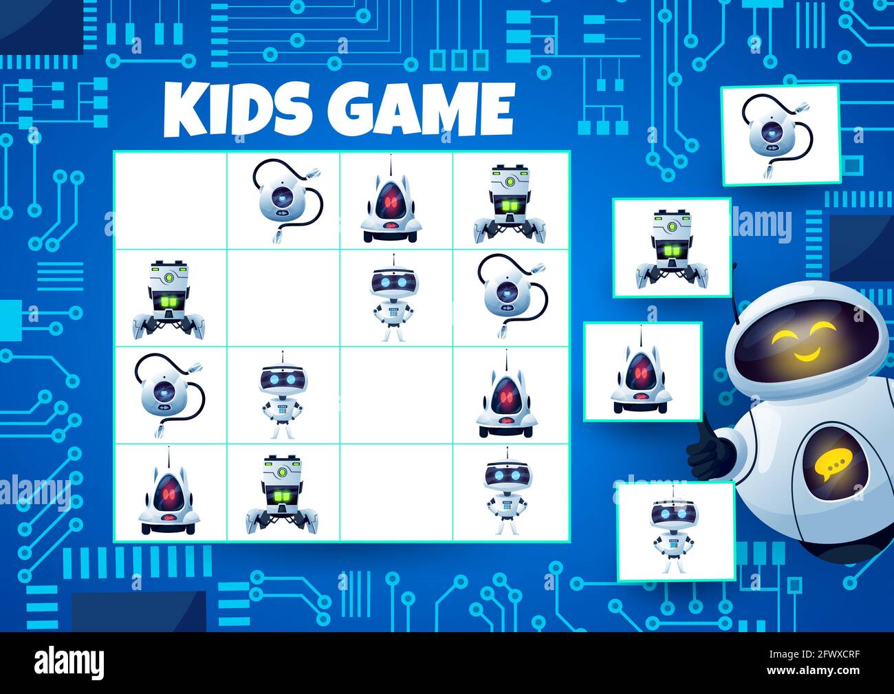 Sudoku kids game with robots and motherboard. Child logical game, math ...