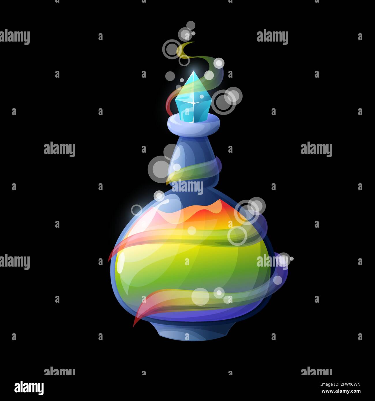 Cartoon potion bottle with rainbow, vector magic elixir in glass flask ...