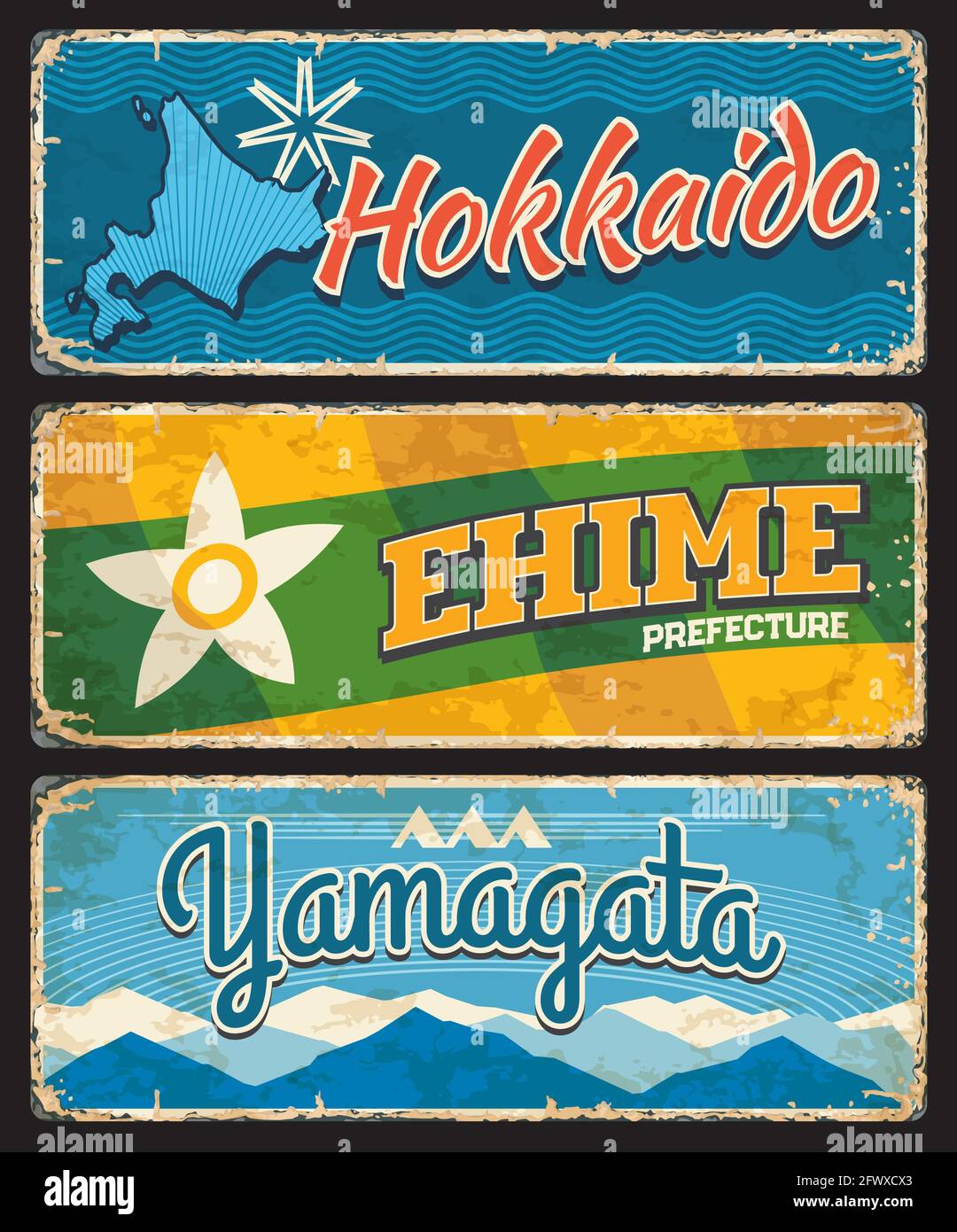 Hokkaido, Ehime and Yamagata tin vector plates, Japan prefecture grunge ...