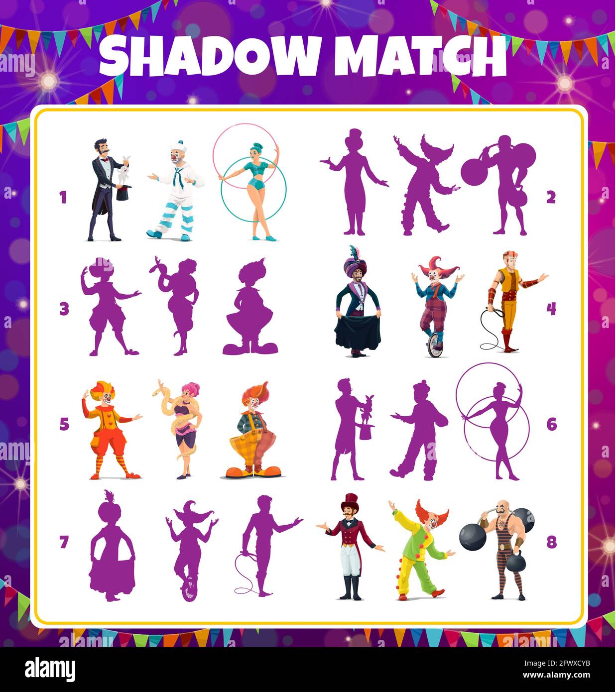 Cartoon circus performers shadow match kids game. Vector worksheet ...