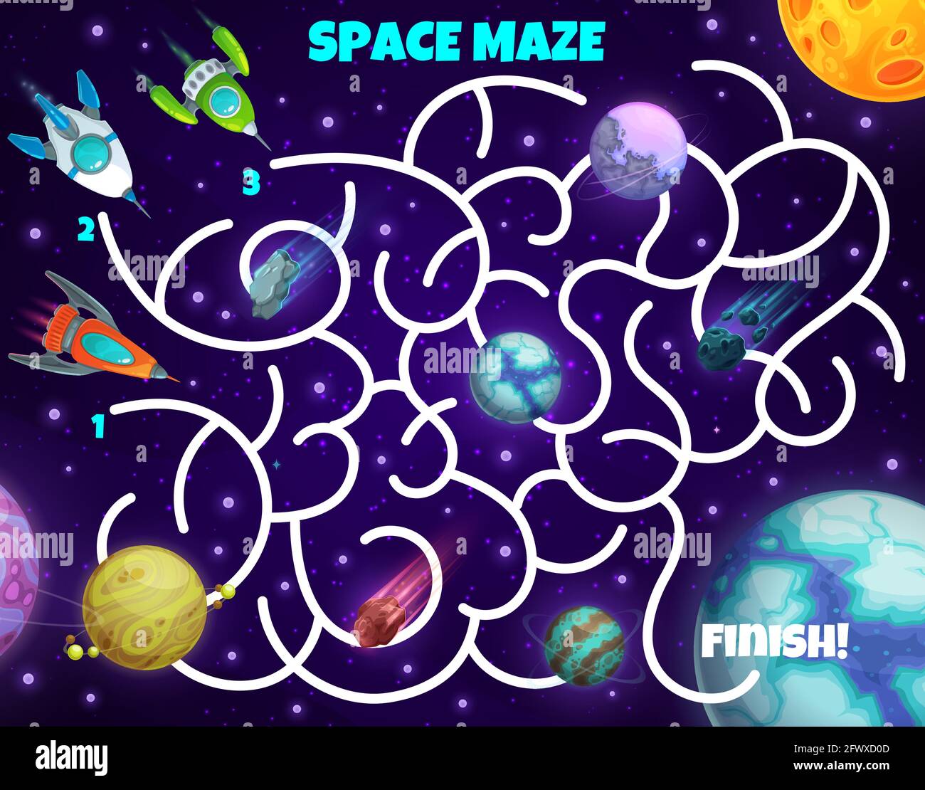 Labyrinth maze game spaceships and planets. Kids vector board game with ...