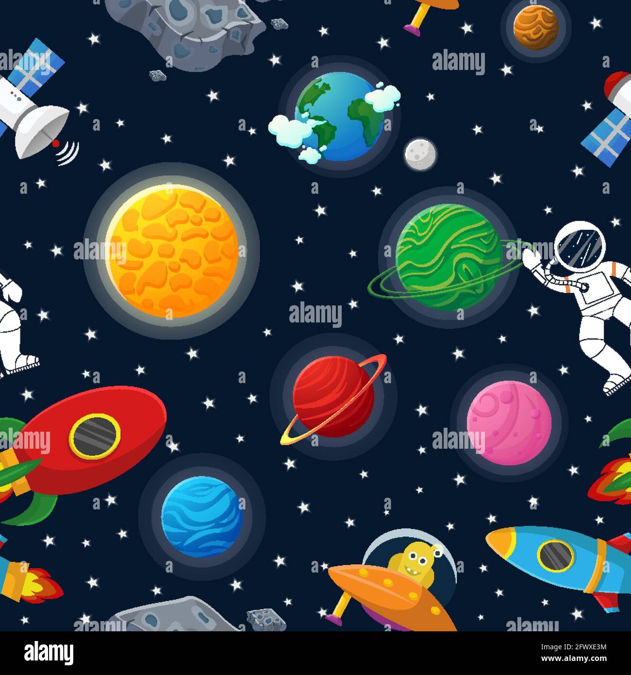 Planet pattern with constellations and stars. Astronaut with rocket and ...