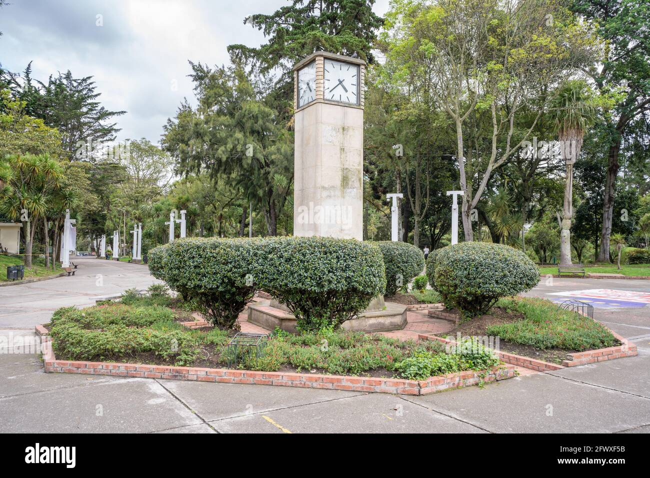 the Swiss clock tower atThe Enrique Olaya Herrera national park, Bogota ...