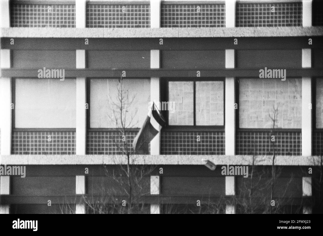 County Hall in Assen occupied by Moluccans; windows taped shut and RMS ...