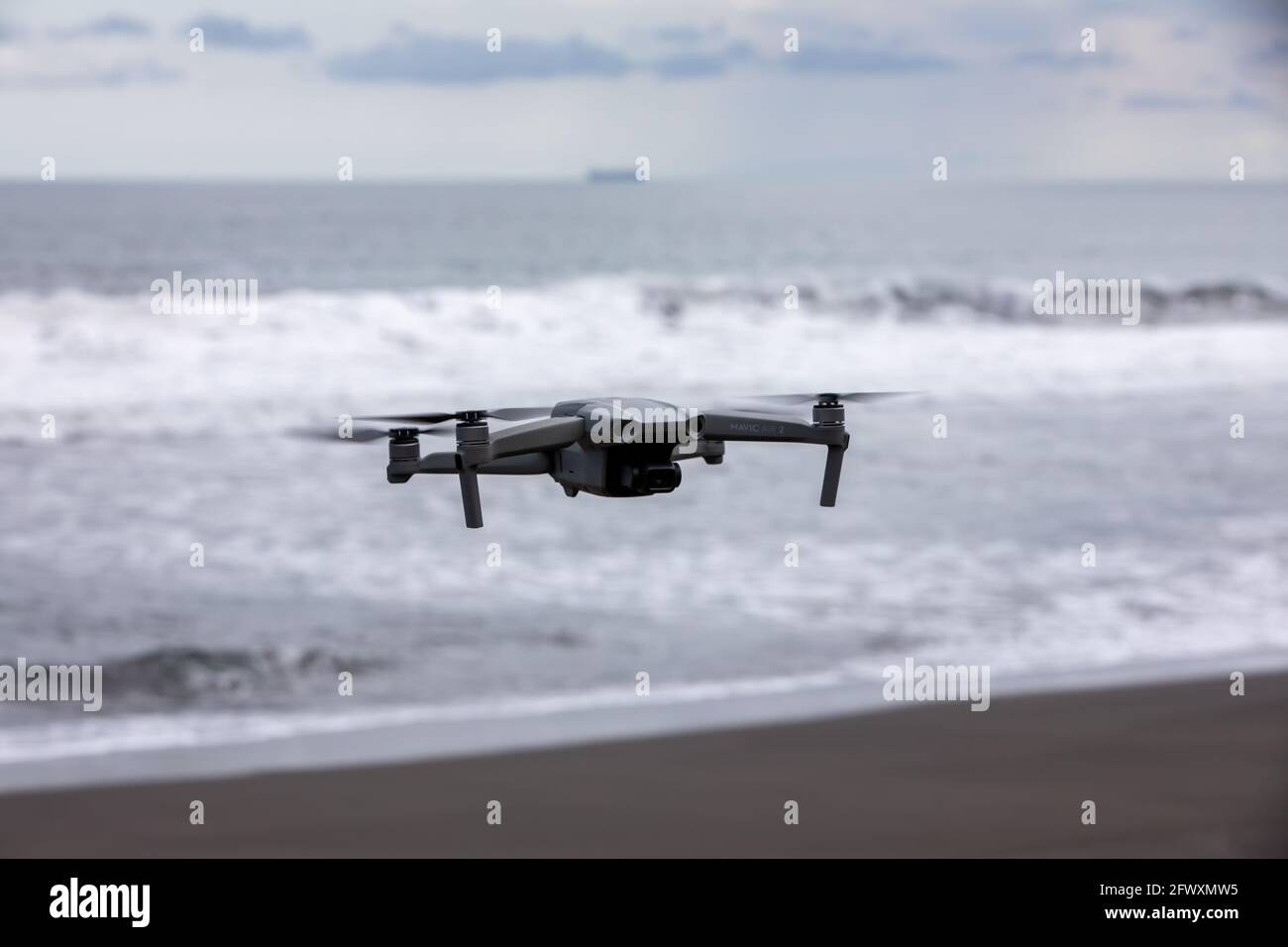 Puntarenas, Costa Rica - April 20: Drone over the black, volcanic beach ...