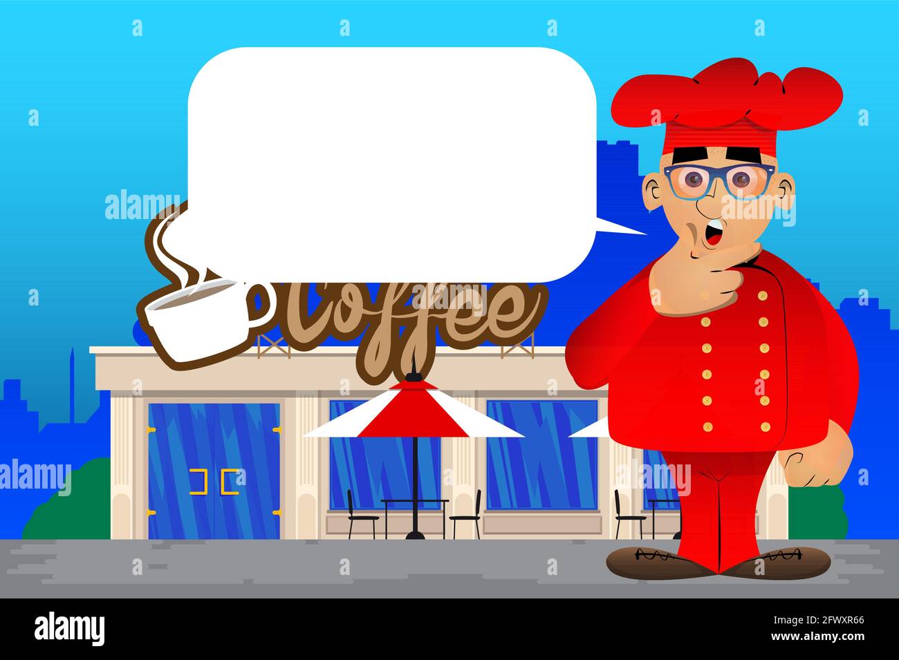 Fat male cartoon chef in uniform thinking with hands under his mouth ...