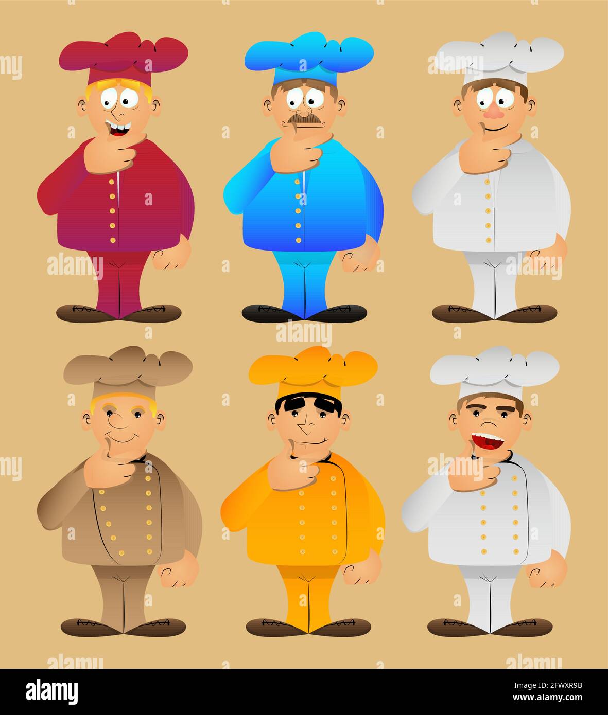 Fat male cartoon chef in uniform thinking with hands under his mouth ...