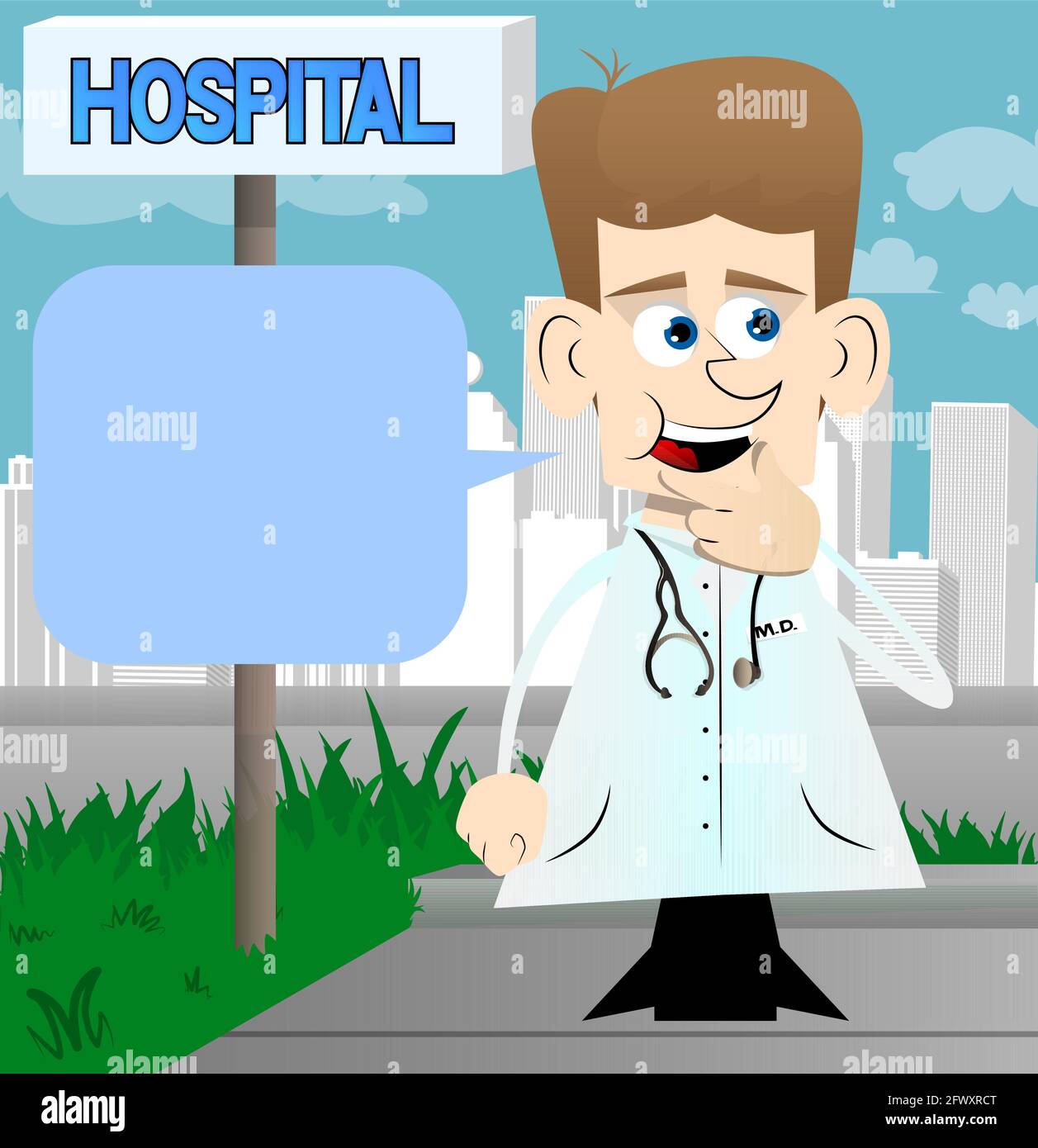 Funny cartoon doctor thinking with hands under his mouth. Vector ...