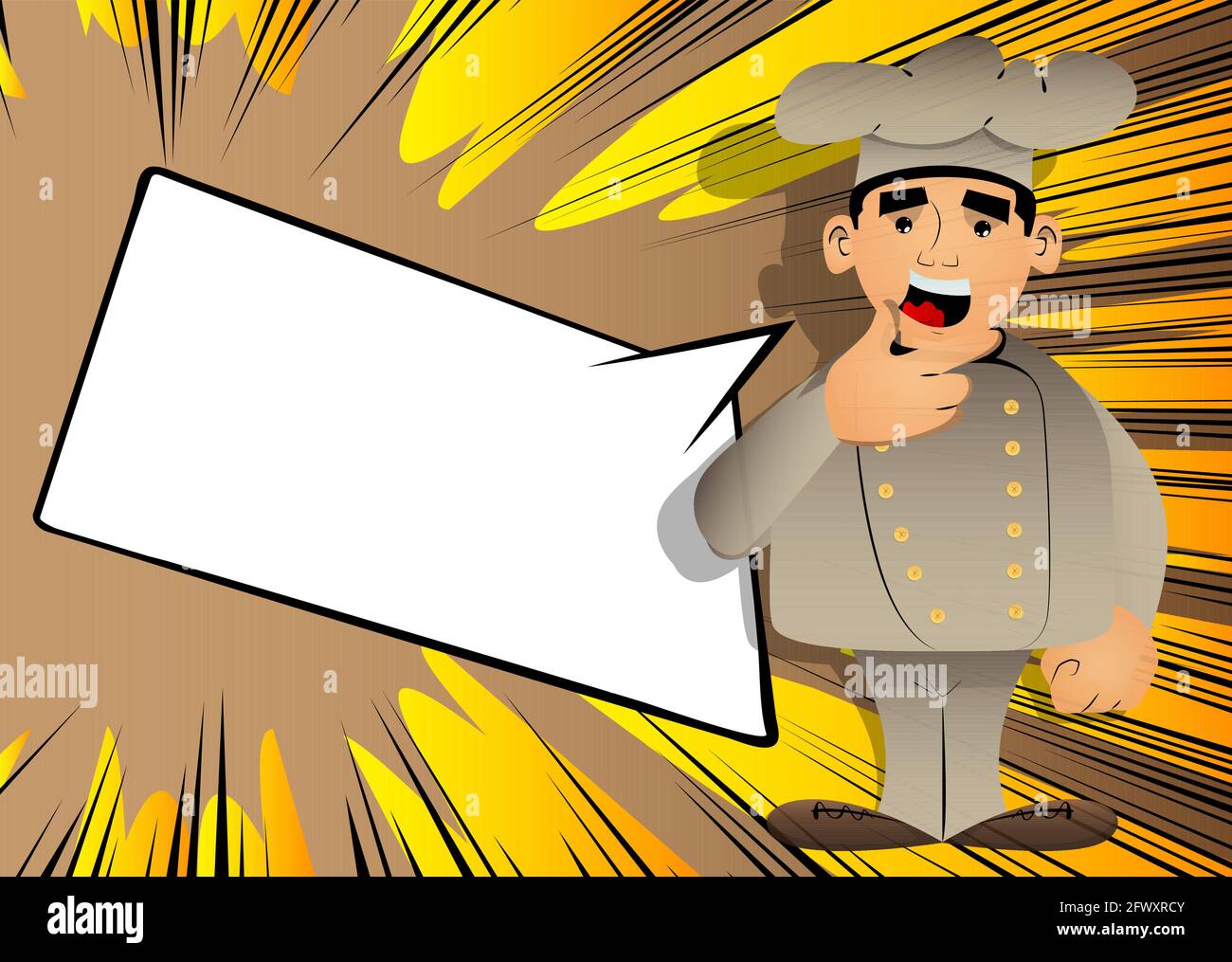 Fat male cartoon chef in uniform thinking with hands under his mouth ...