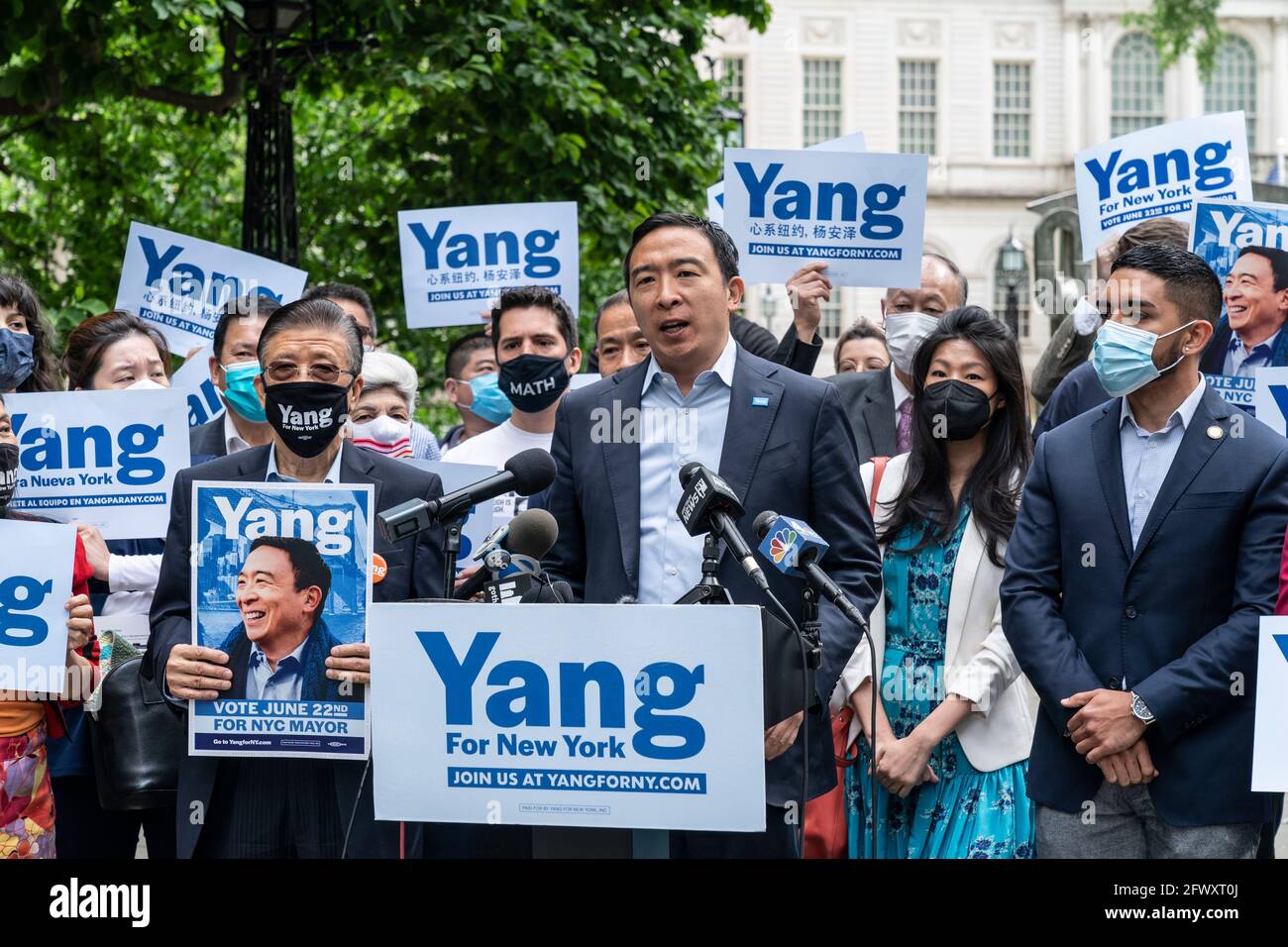 New York, NY - May 24, 2021: Mayoral candidate Andrew Yang receives ...