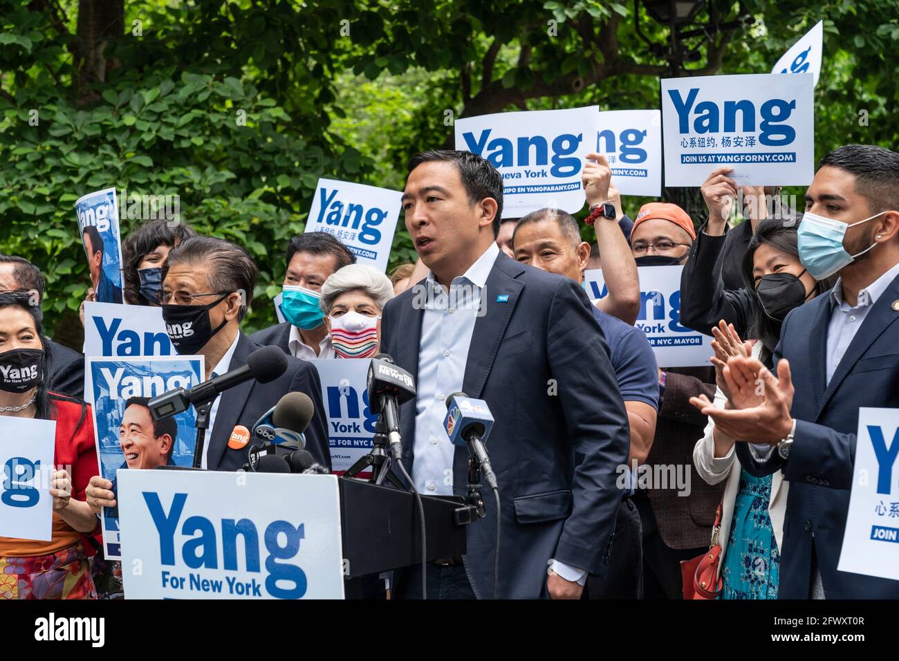 New York, NY - May 24, 2021: Mayoral candidate Andrew Yang receives ...